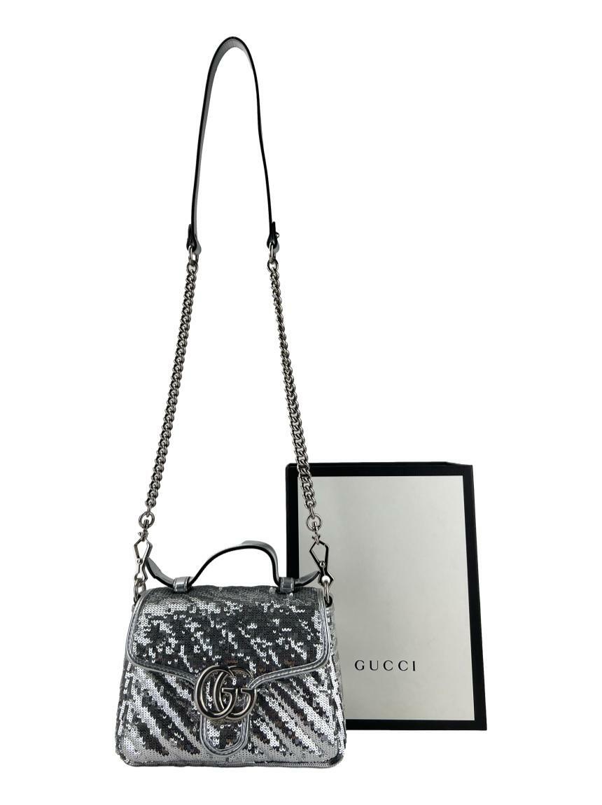 Bolsa Tiracolo Gucci Marmont Top Handle Paetês Prateada - CAOR32 ...