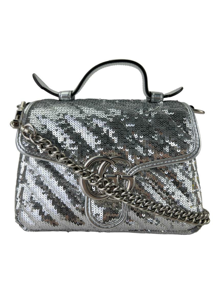 Bolsa Tiracolo Gucci Marmont Top Handle Paetês Prateada - CAOR32 ...
