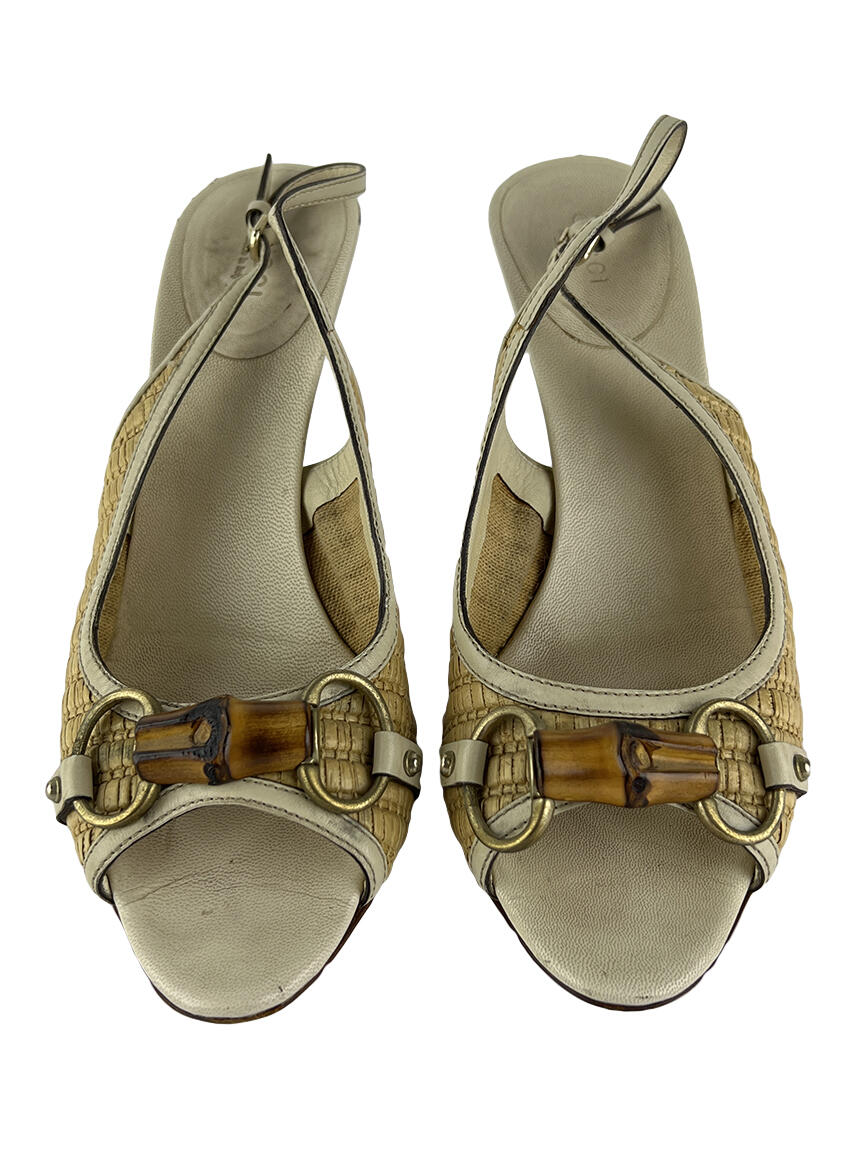 Sandália Gucci Raffia Horsebit Bege Original - VY68 | Etiqueta Única