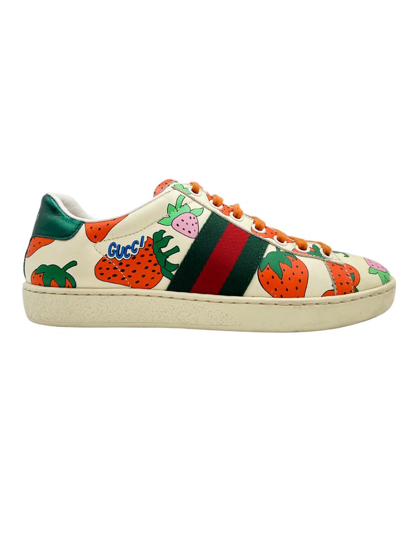 Tênis Gucci Couro Estampado Morangos - NCP73 Original | Etiqueta Única