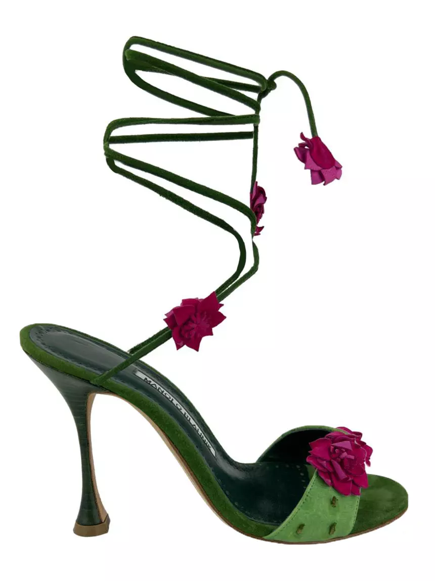 Sandália Manolo Blahnik Amarração Floral Verde - CHK474 Sandália Manolo Blahnik Amarração Floral Verde - CHK474